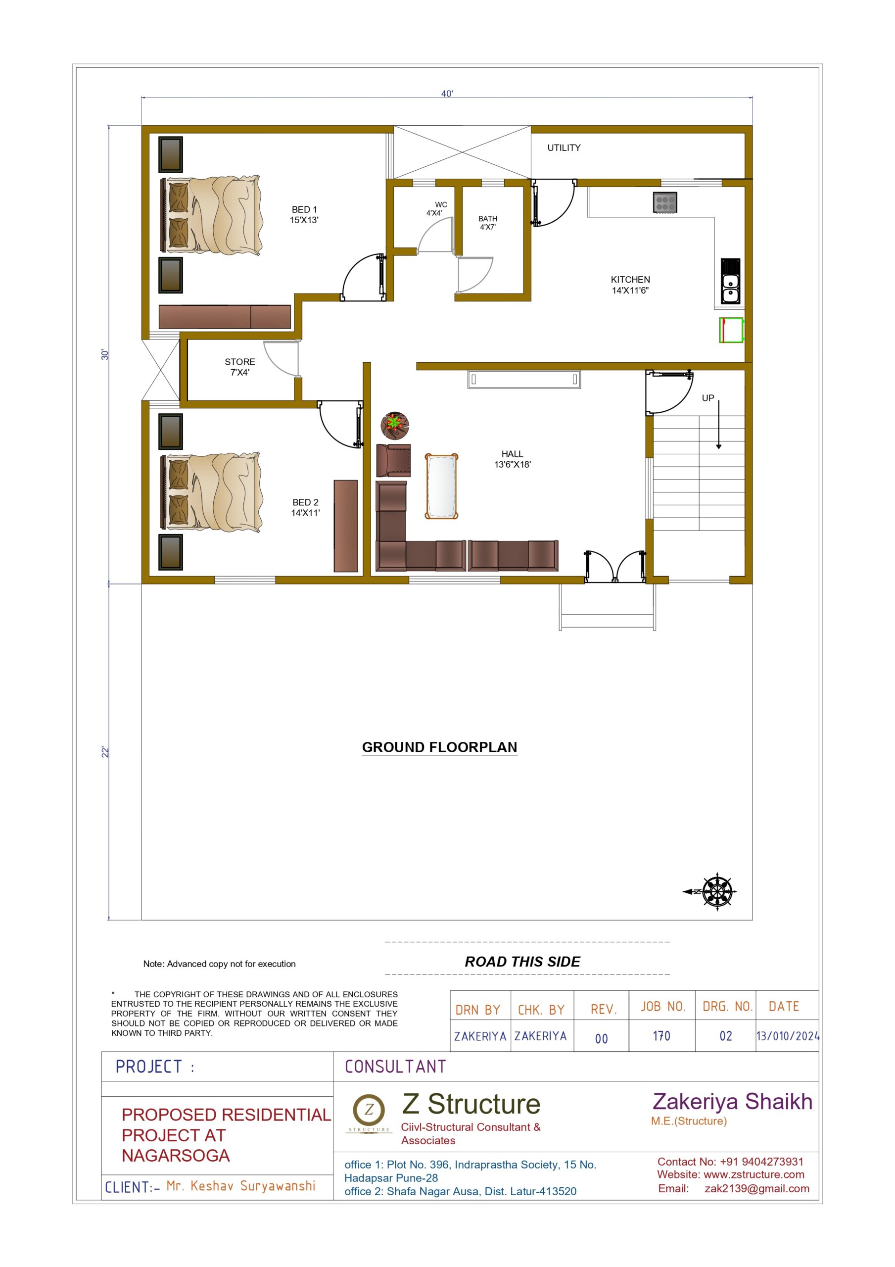 40x30 House Plan with Parking | Z Structure Design